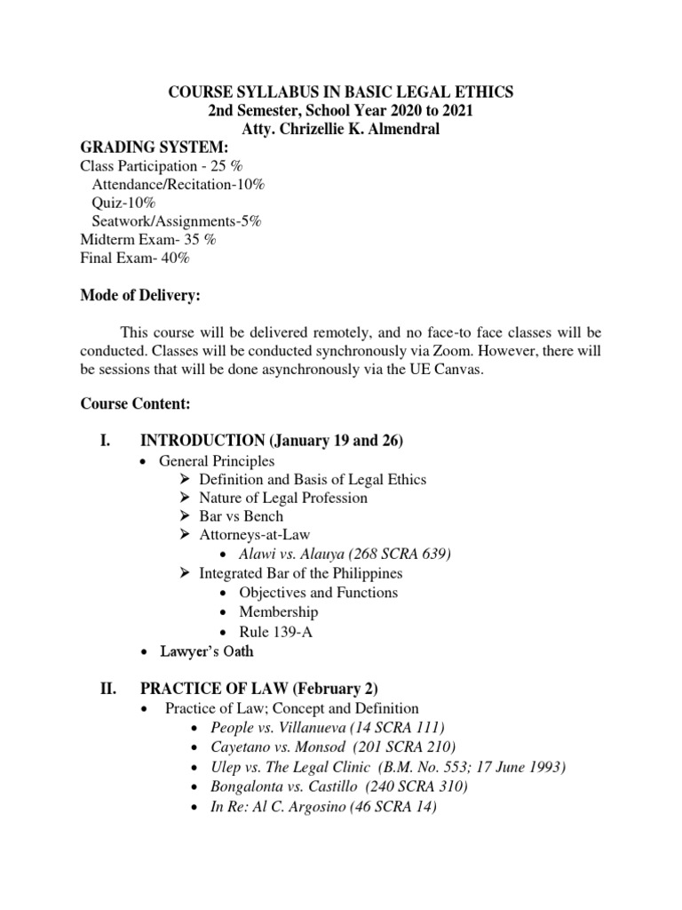 Legal Ethics Syllabus by Atty. Almendral | PDF | Practice Of Law | Lawyer