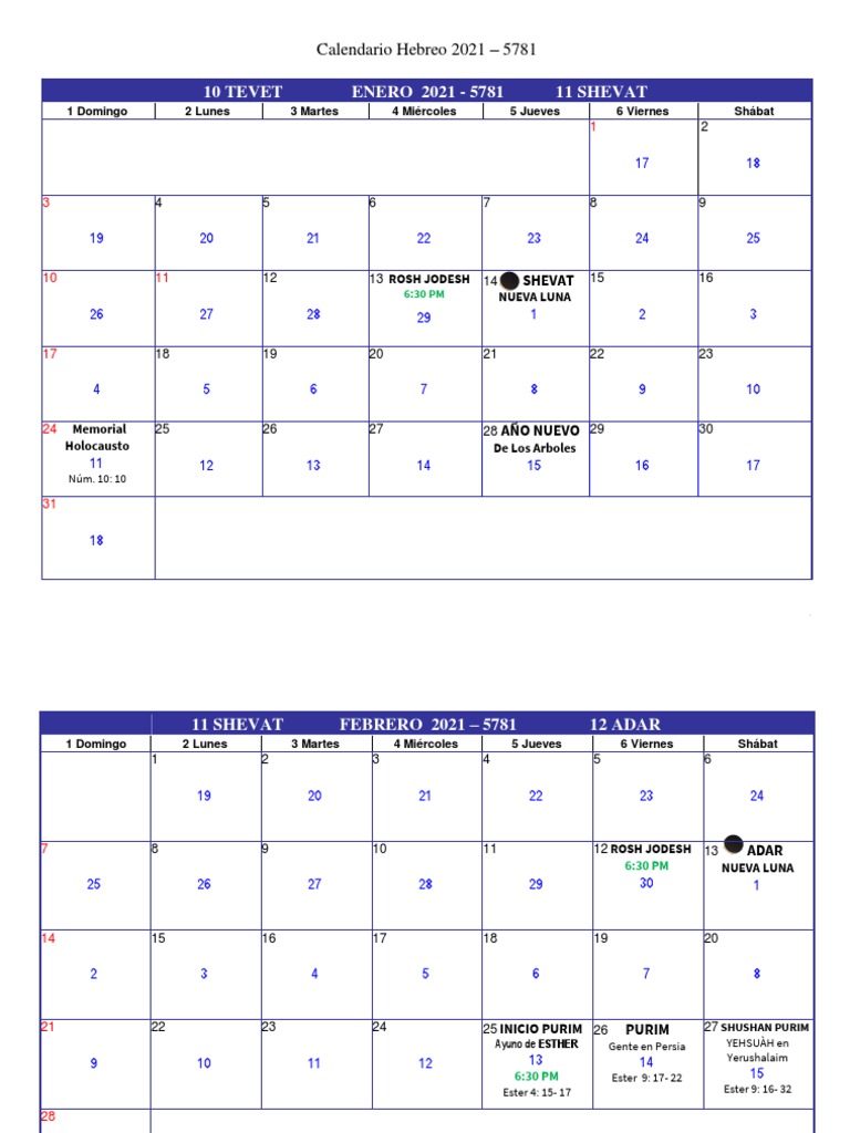 Calendario Hebreo 2021: Fiestas y Meses | PDF | Janucá | Yom Kippur