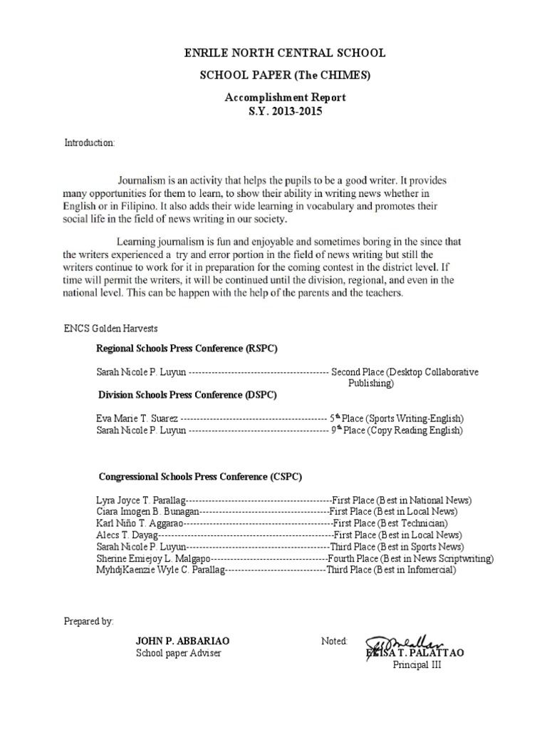 ENCS School Paper Accomplishments 2013-2015 | PDF | Sports & Recreation