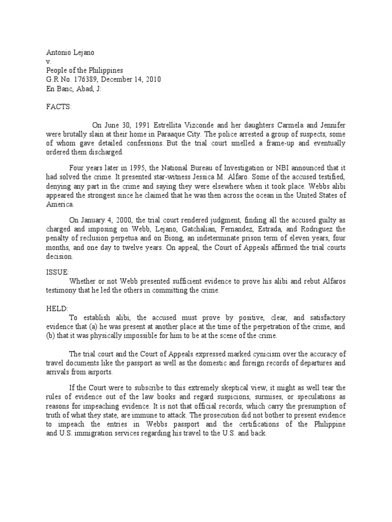 Lejano v. People: Alibi Evidence Analysis | PDF | Social Science ...