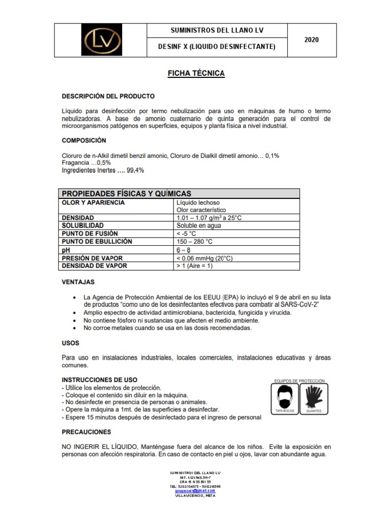 Ficha Tecnica Liquido Desinfectante Camara de Humo | PDF