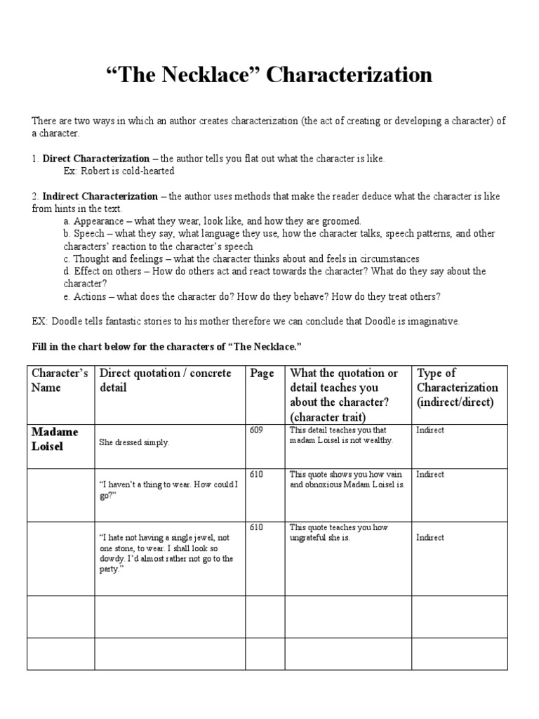 The Necklace Characterization Chart Alternative Worksheet | PDF