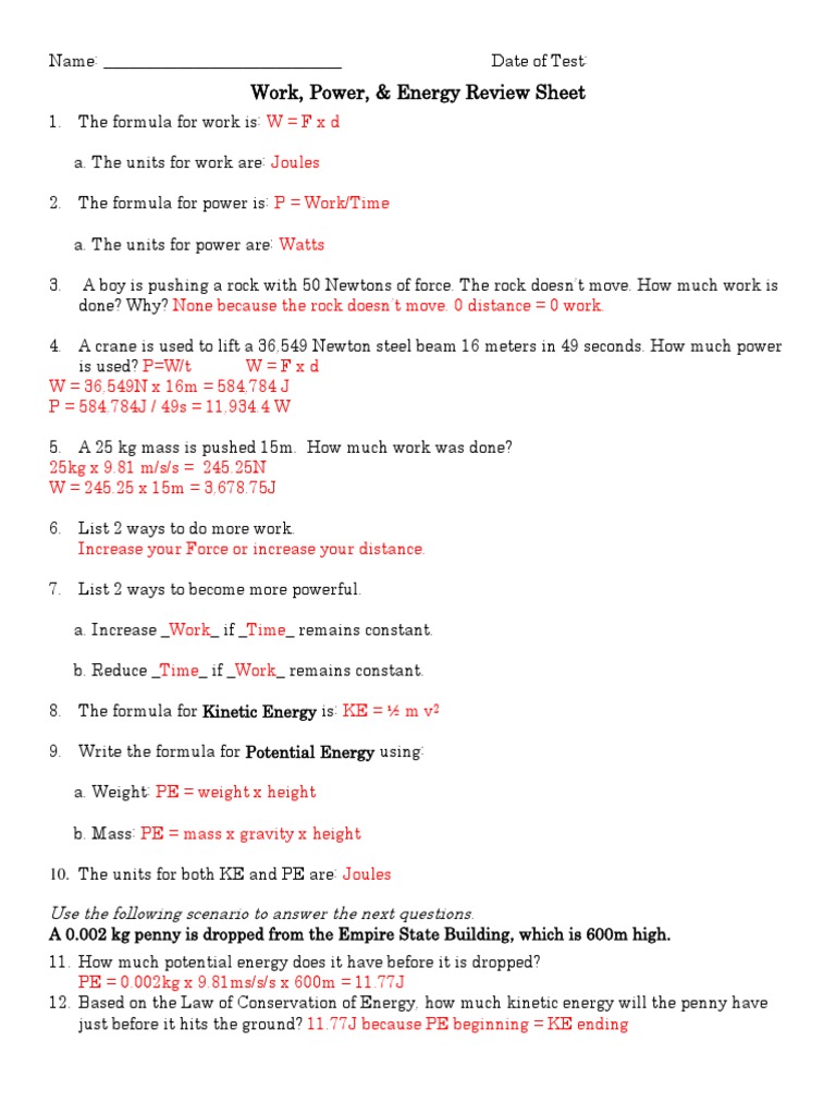 Work, Power, Energy Review - Key | PDF | Potential Energy | Kinetic Energy