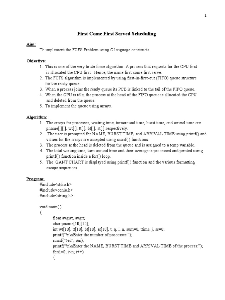 FCFS Scheduling Implementation in C | PDF | Scheduling (Computing) | Queue (Abstract Data Type)