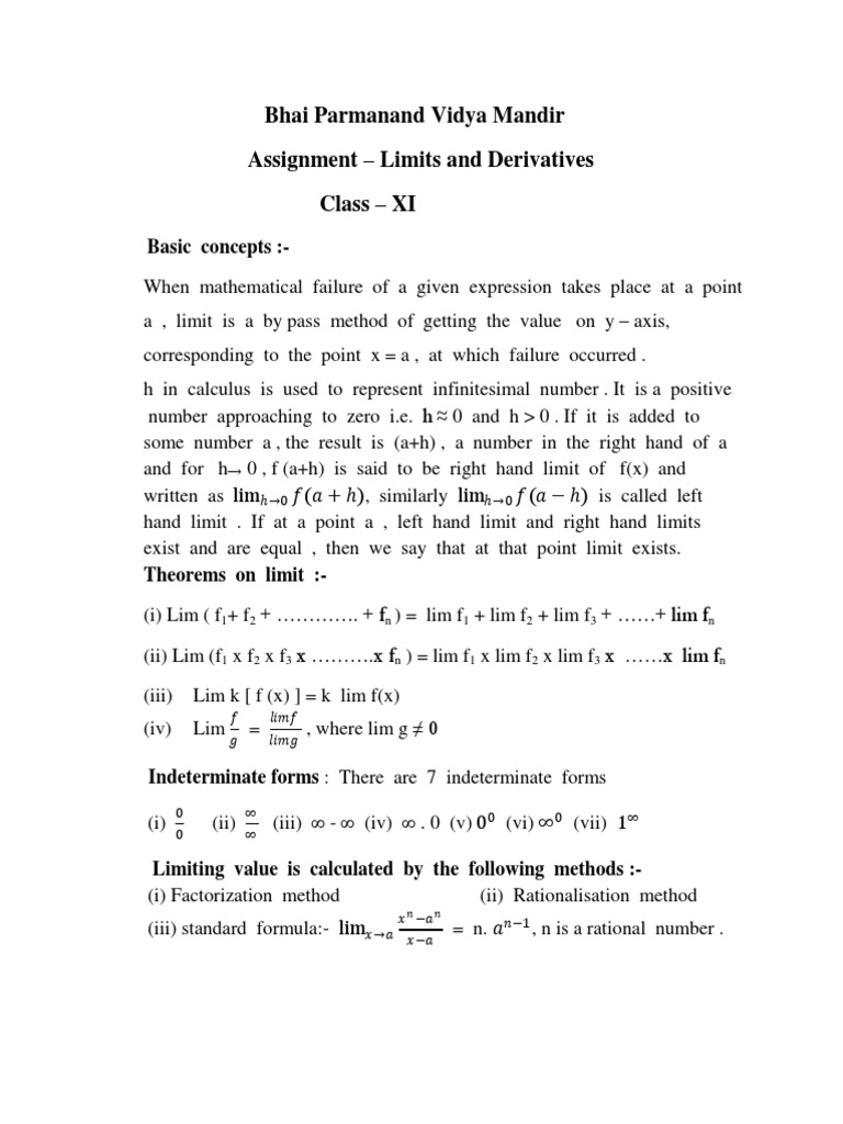 XI ASSIGN. Limits and Derivatives | PDF | Calculus | Teaching Mathematics