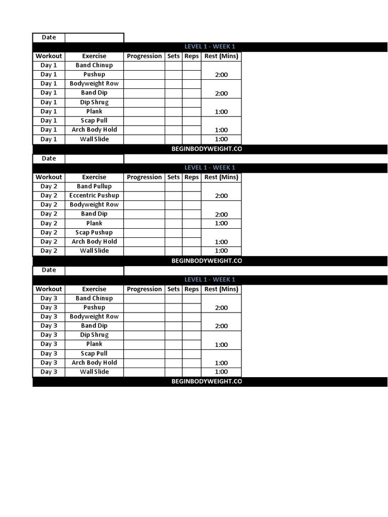 Workout Exercise Progression Sets Reps Rest (Mins) : Level 1 - Week 1 ...