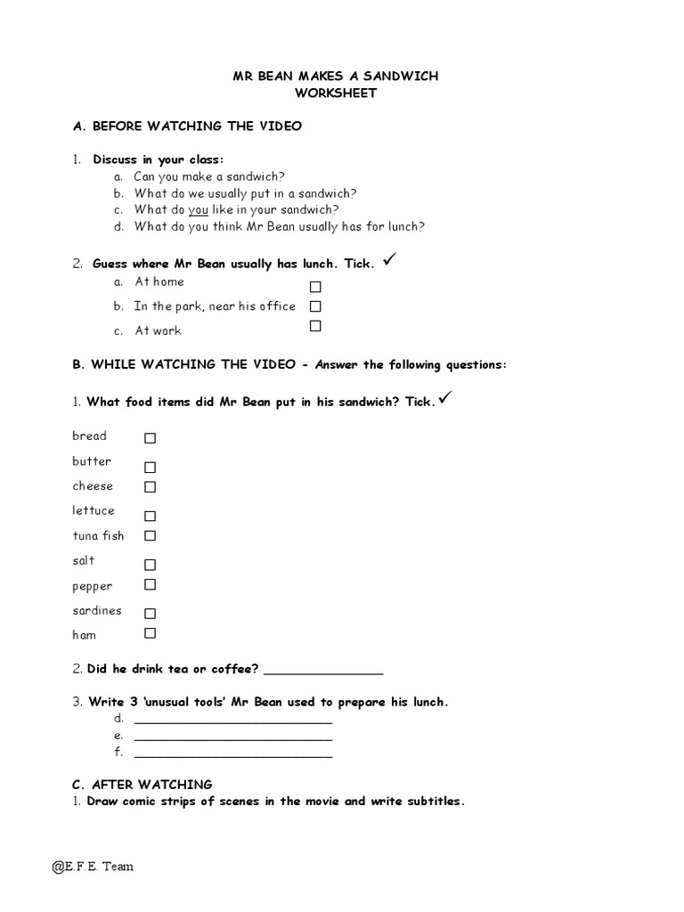 MR Bean Makes A Sandwich Worksheet A. Before Watching The Video | PDF