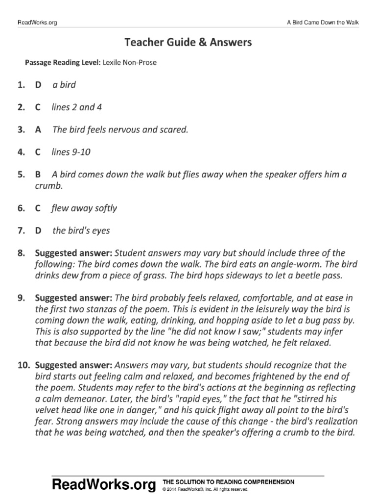 A Bird Came Down The Walk Answer Key | PDF