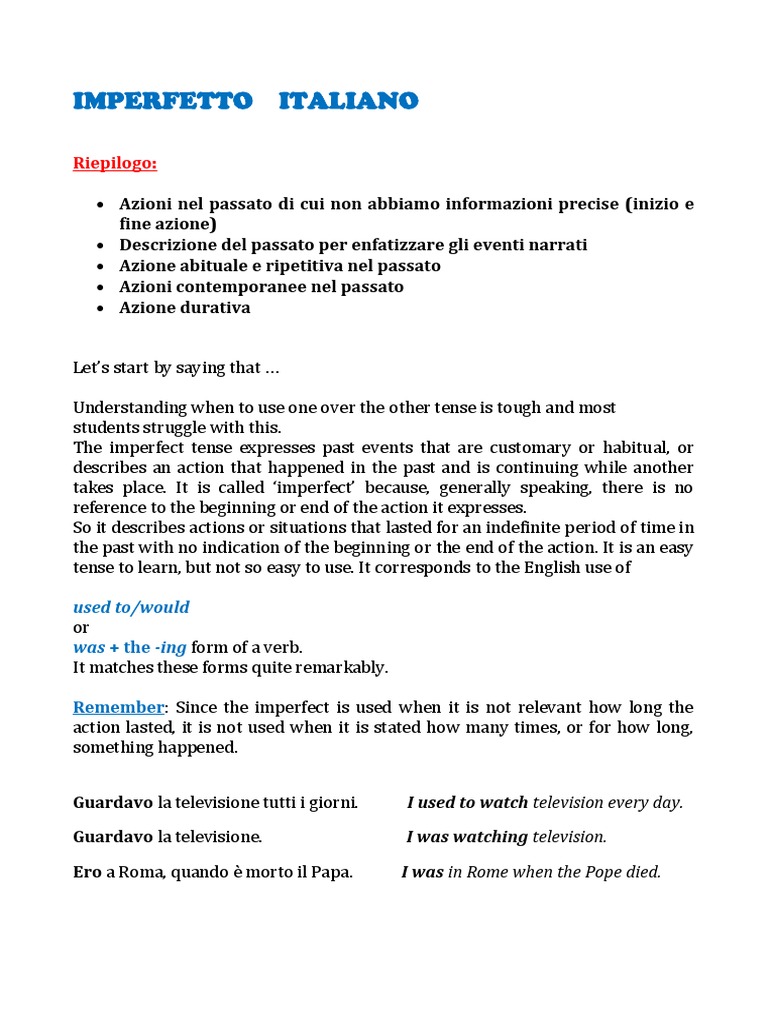 Imperfetto Italiano | PDF | Grammatical Tense | Language Mechanics