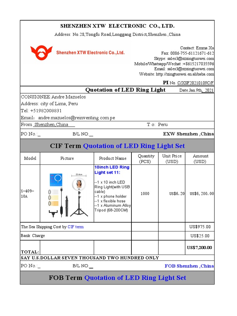 EXW Quotation for LED Ring Light | PDF | Banking | Business