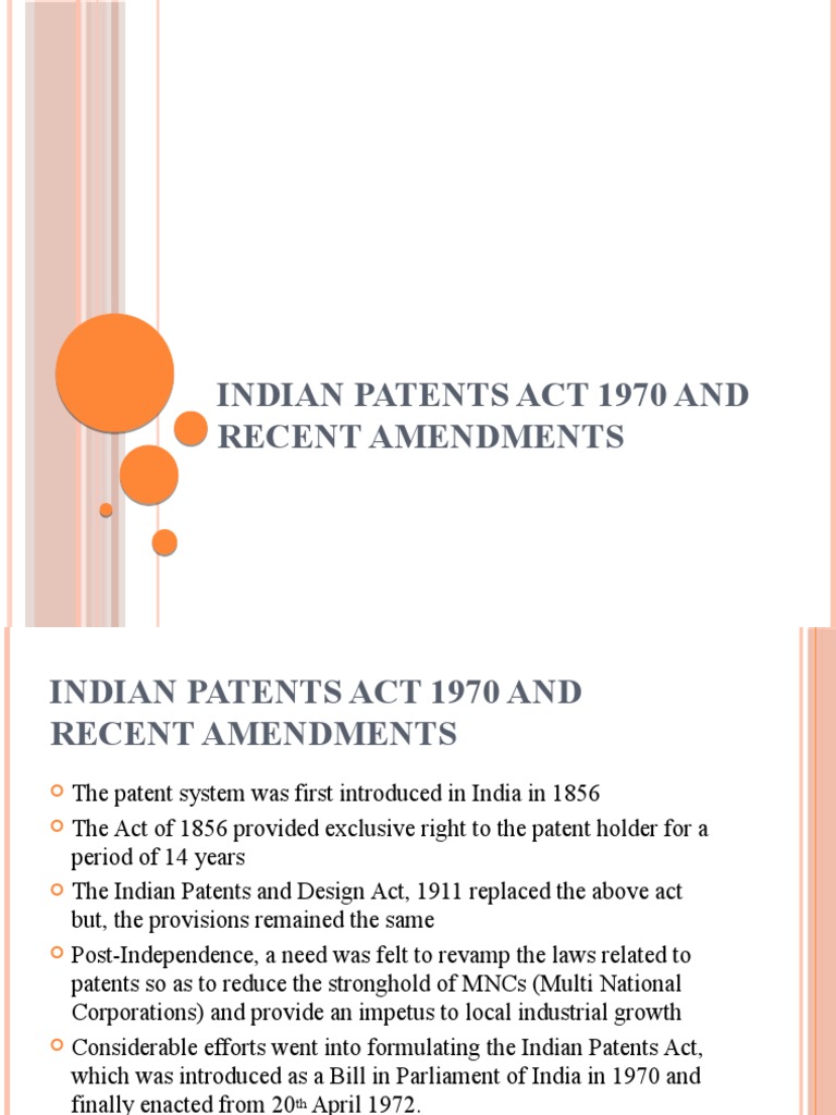 Indian Patents Act 1970: Key Amendments | PDF | Patent | Trips Agreement