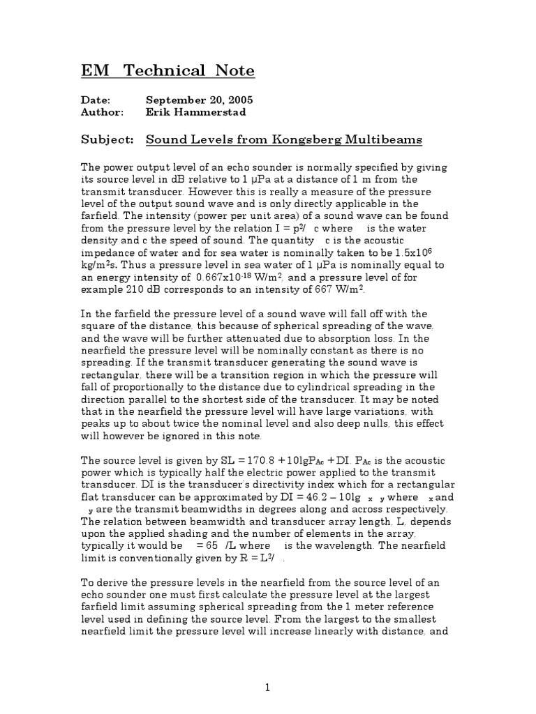 Em Technical Note Web Soundlevelsfromkongsbergmultibeams | PDF | Waves ...