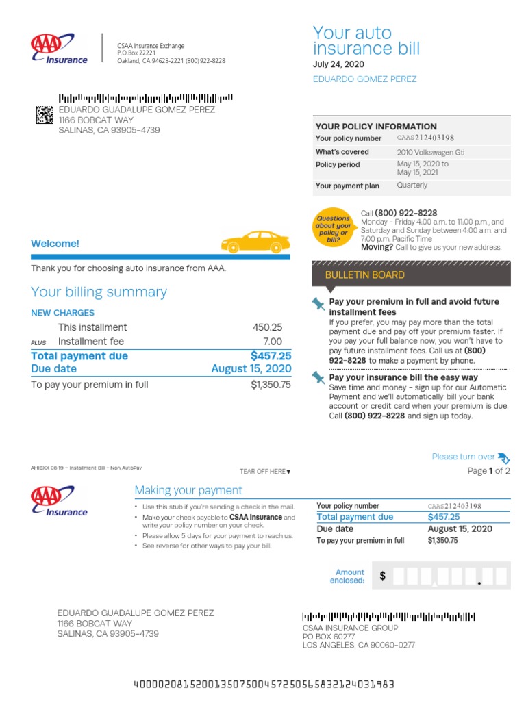 Your Auto Insurance Bill | PDF | Cheque | Payments