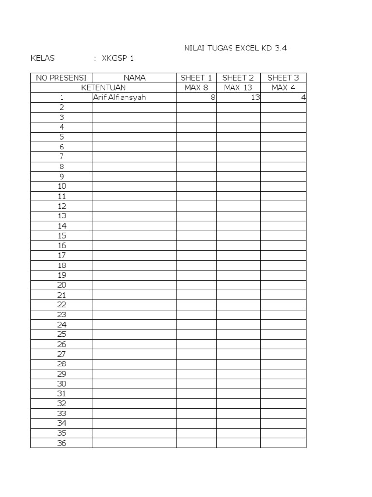 Nilai Tugas Excel Kelas XKGSP 1 | PDF