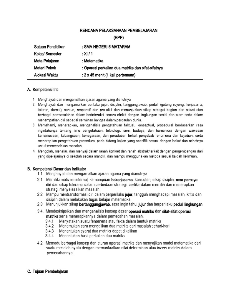 Operasi Perkalian Dua Matriks Dan Sifat Sifatnya | PDF