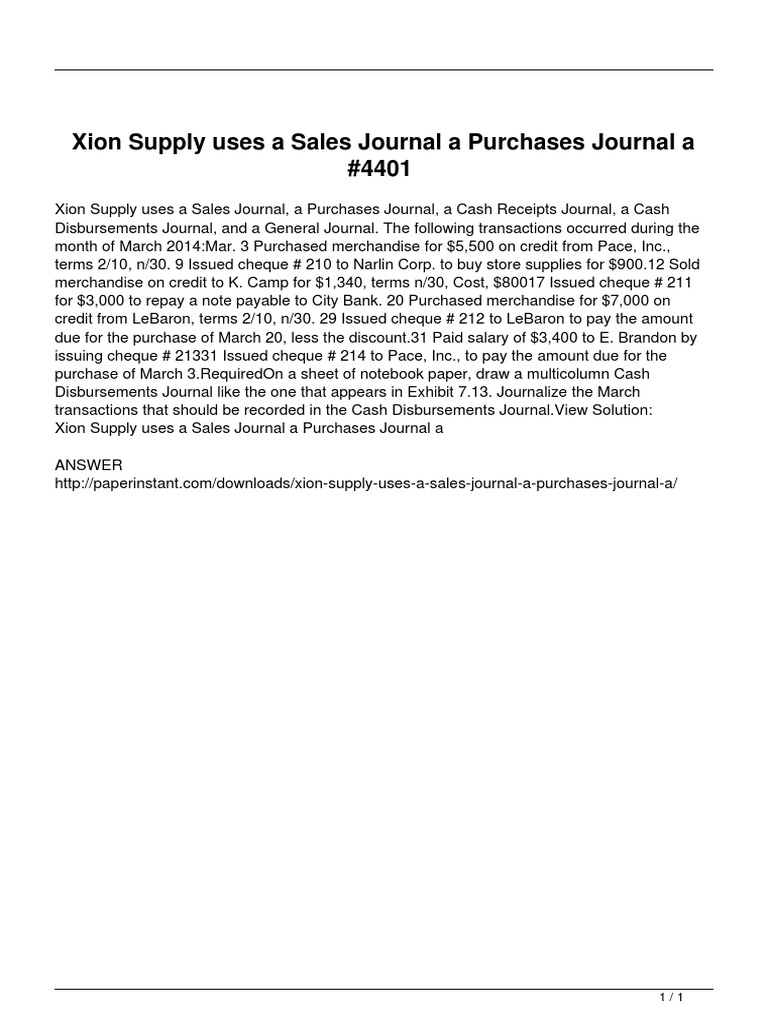 Xion Supply Uses A Sales Journal A Purchases Journal A | PDF