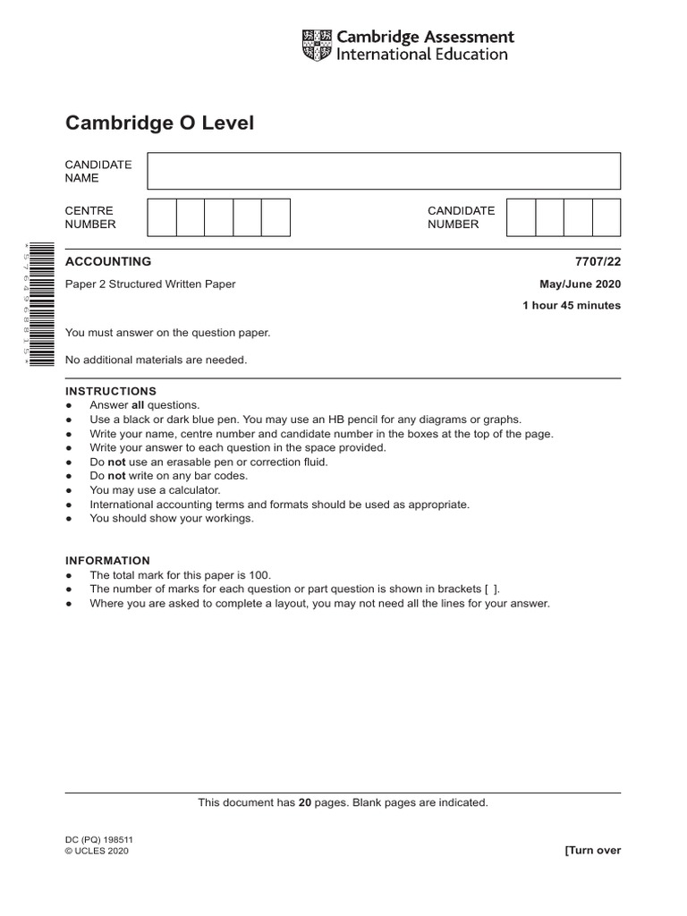Cambridge O Level: Accounting 7707/22 | PDF | Revenue | Debits And Credits