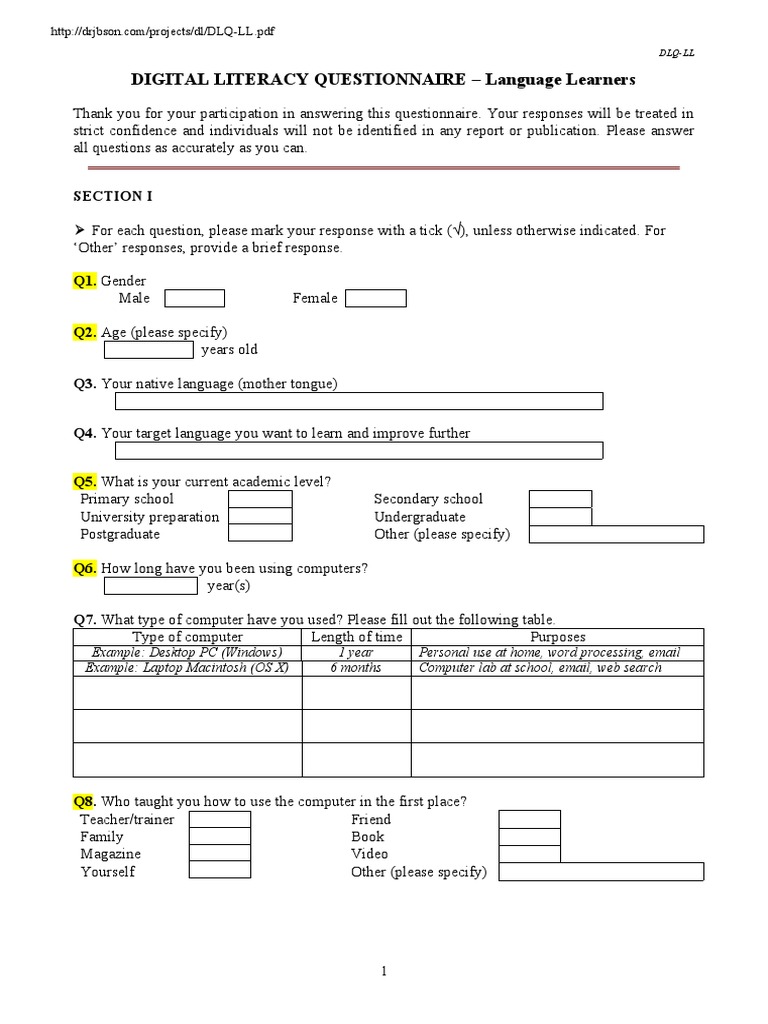 Digital Litracy Questionnaire | PDF | Application Software | Password