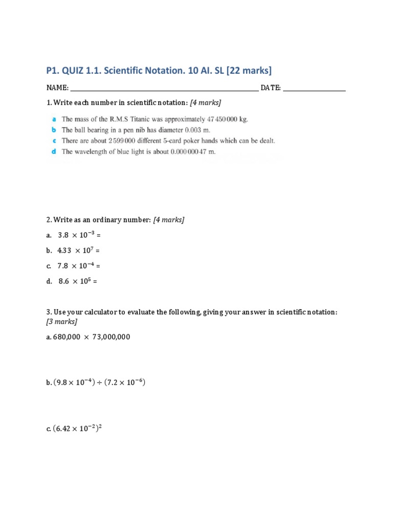 Scientific Notation Quiz and Calculations | PDF