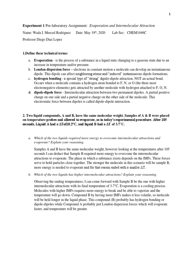 Chemistry Lab: Evaporation & IMFs | PDF | Intermolecular Force ...