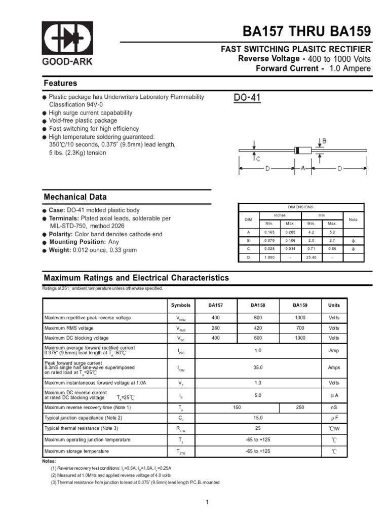Datasheet - Dioda BA157... 159 | PDF | Rectifier | Voltage