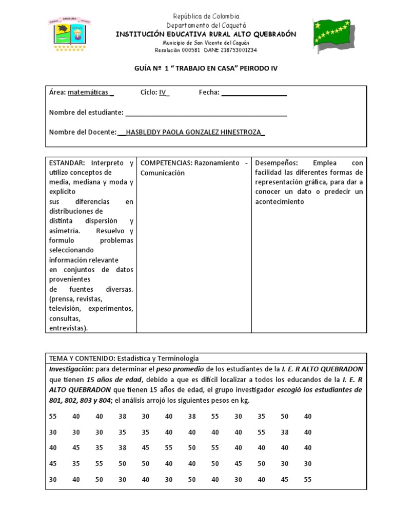 Guia # 1 Matematicas Ciclo Iv Periodo Iv | PDF | Mediana | Estadísticas
