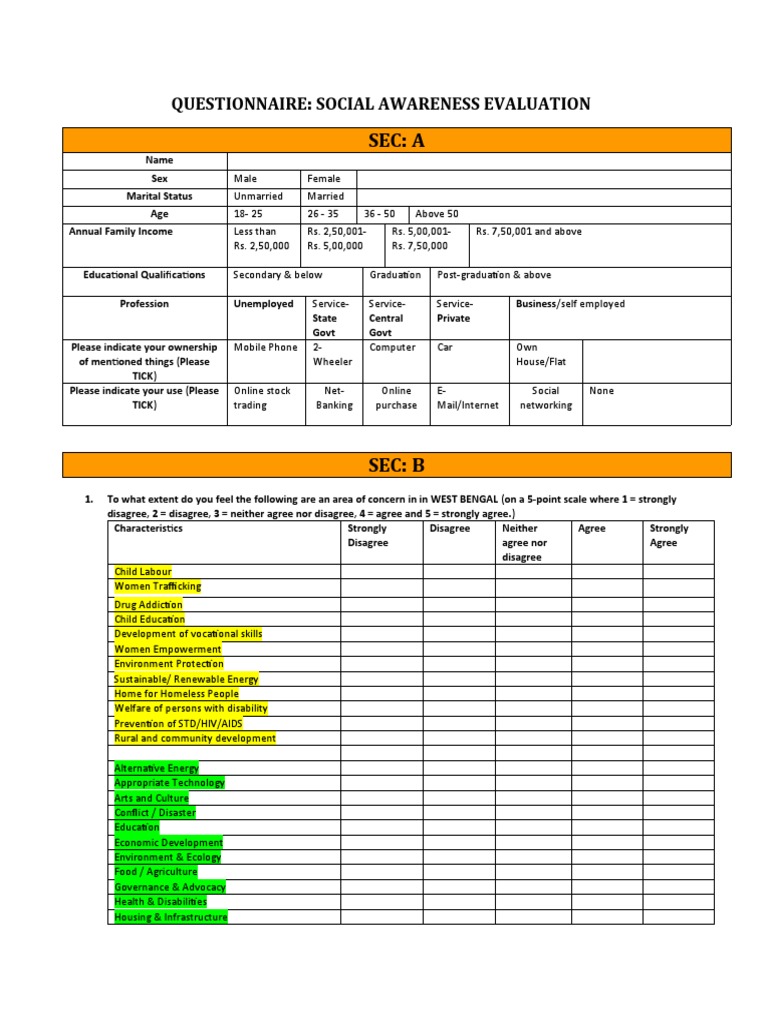 Social Awareness Questionnaire Overview | PDF | Non Governmental ...