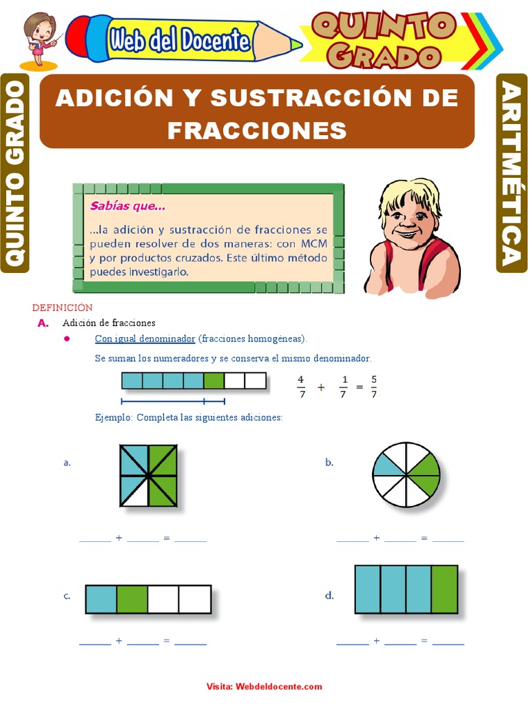 Hojas De Trabajo Para Restar Fracciones, Quinto Grado Ficha De Suma Y