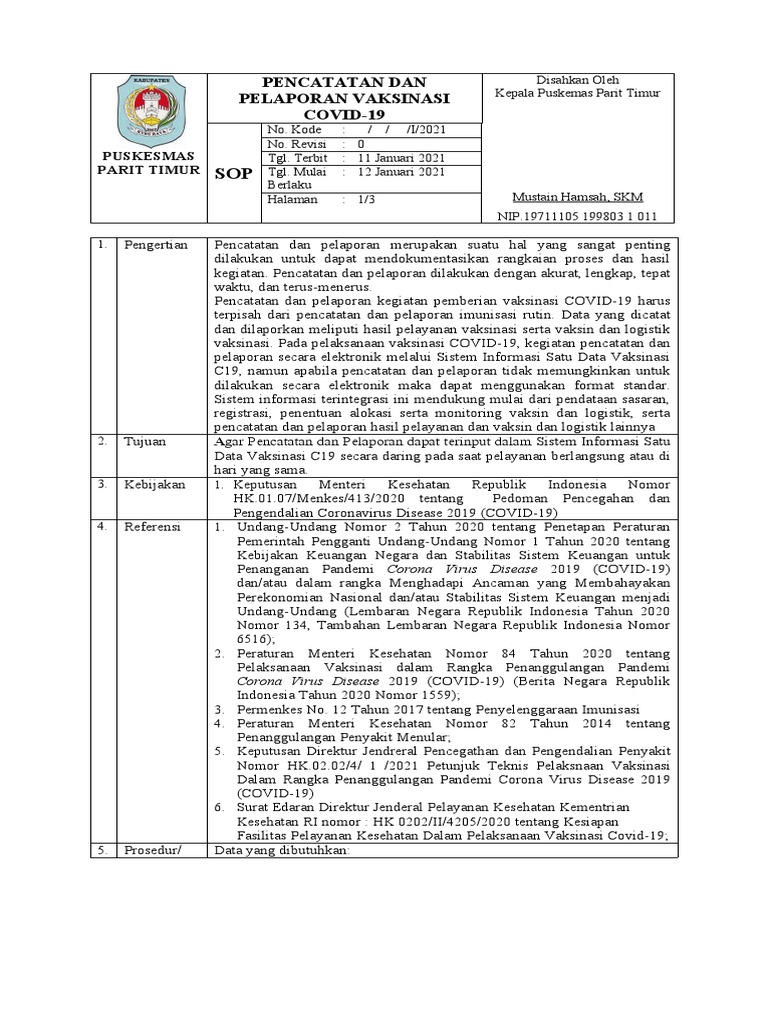 Sop Pencatatan & Pelaporan Vaksin Covid PST | PDF