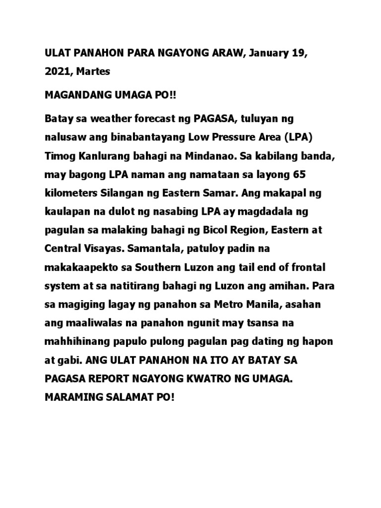 Ulat Panahon para Ngayong Araw - 1611012853 | PDF