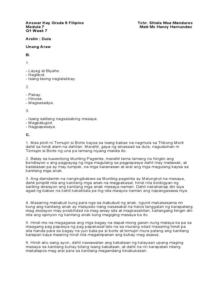 Answer Key Grade 9 Filipino Module 7 Q1 Week 7 | PDF
