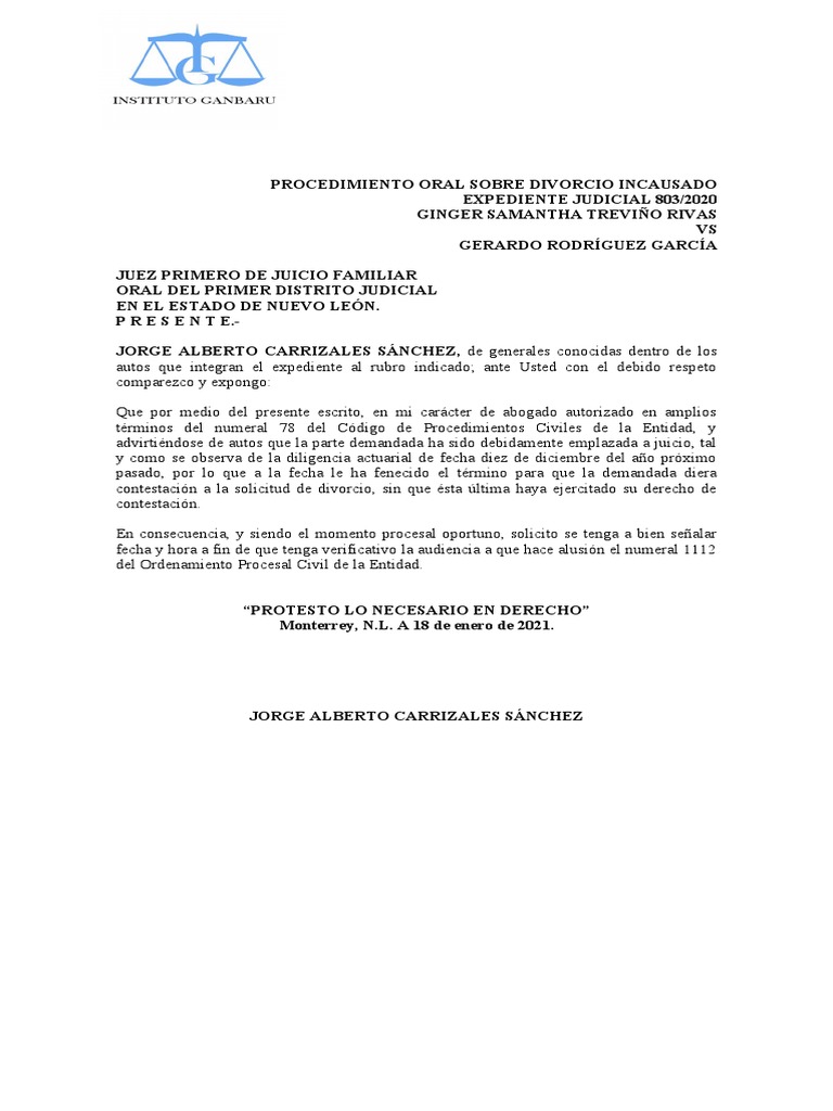 Solicitud De Audiencia De Divorcio Incausado Pdf
