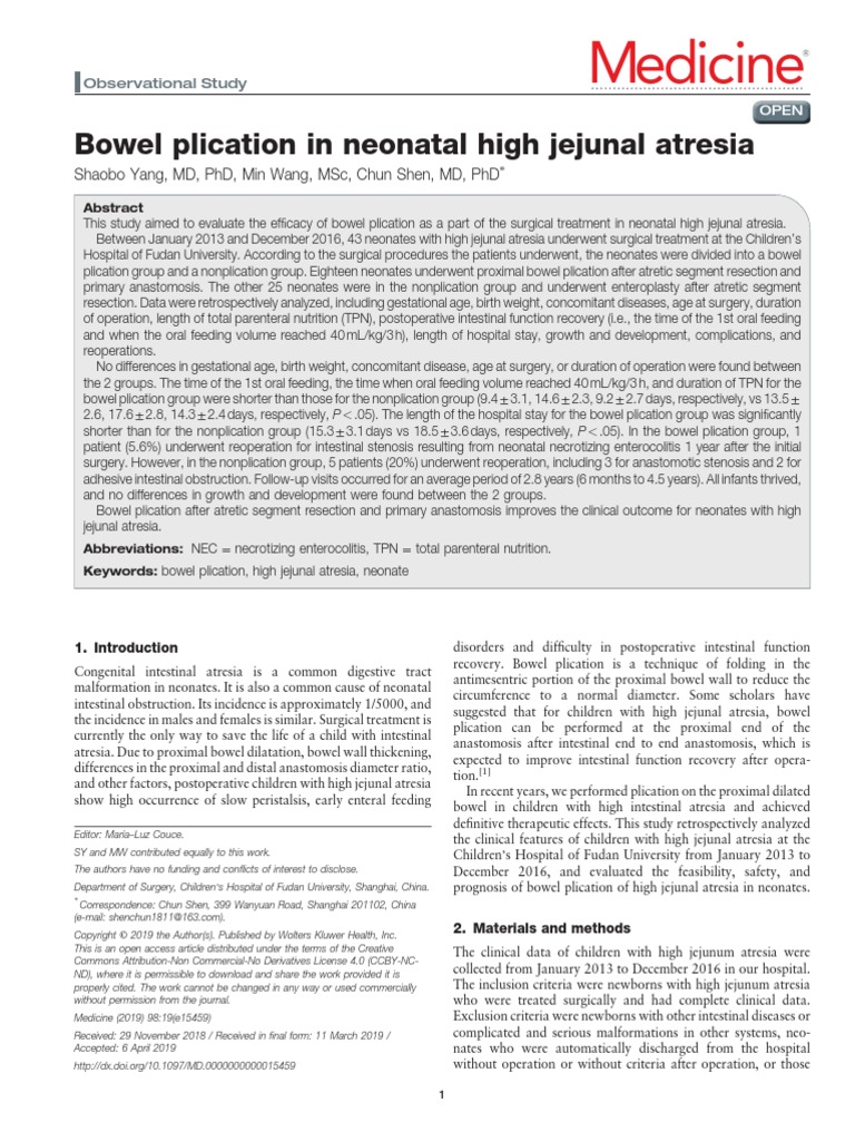 Bowel Plication in Neonatal High Jejunal Atresia | PDF ...