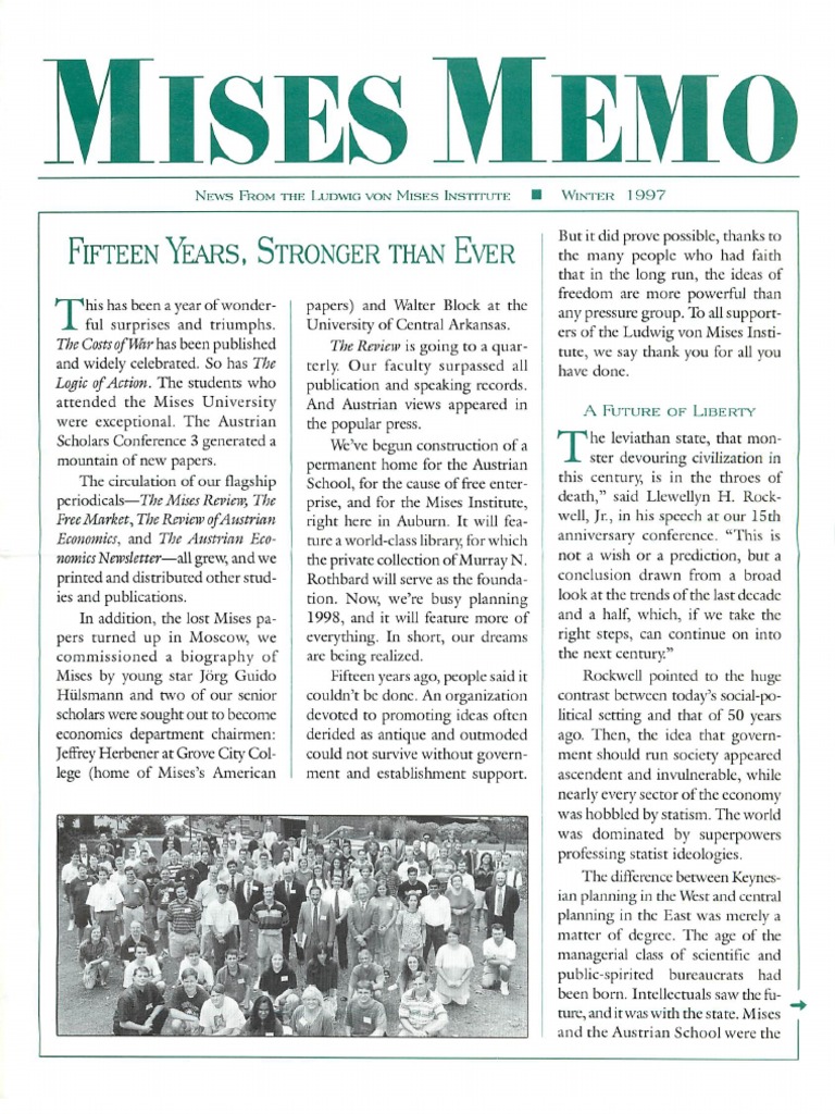 Mises Memo Winter 1997 | PDF | Austrian School | Friedrich Hayek