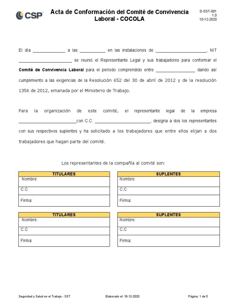 Acta Conformación Del Comité de Convivencia Laboral - COCOLA | PDF ...