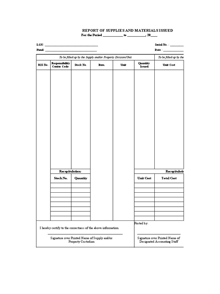Report of Supplies and Materials Issued: For The Period - To - , 20 | PDF
