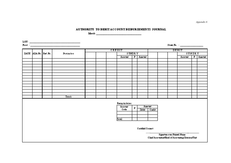 Appendix 6 - Authority To Debit Account Disbursement Journal | PDF