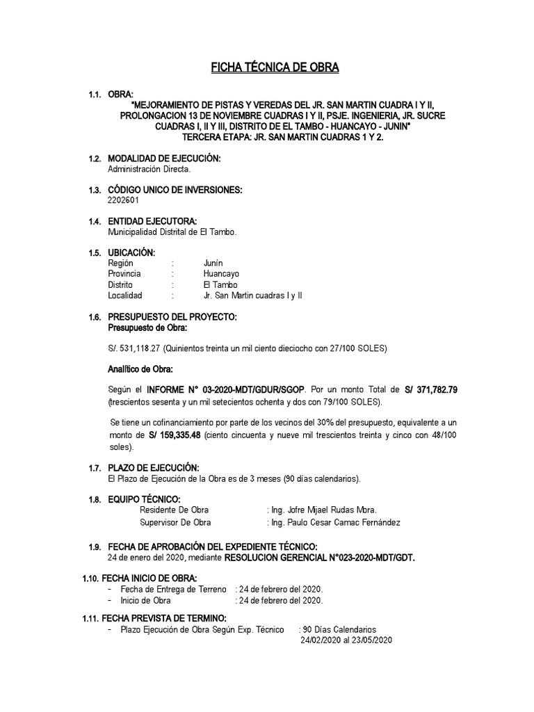 Ficha Tecnica de Obra | PDF