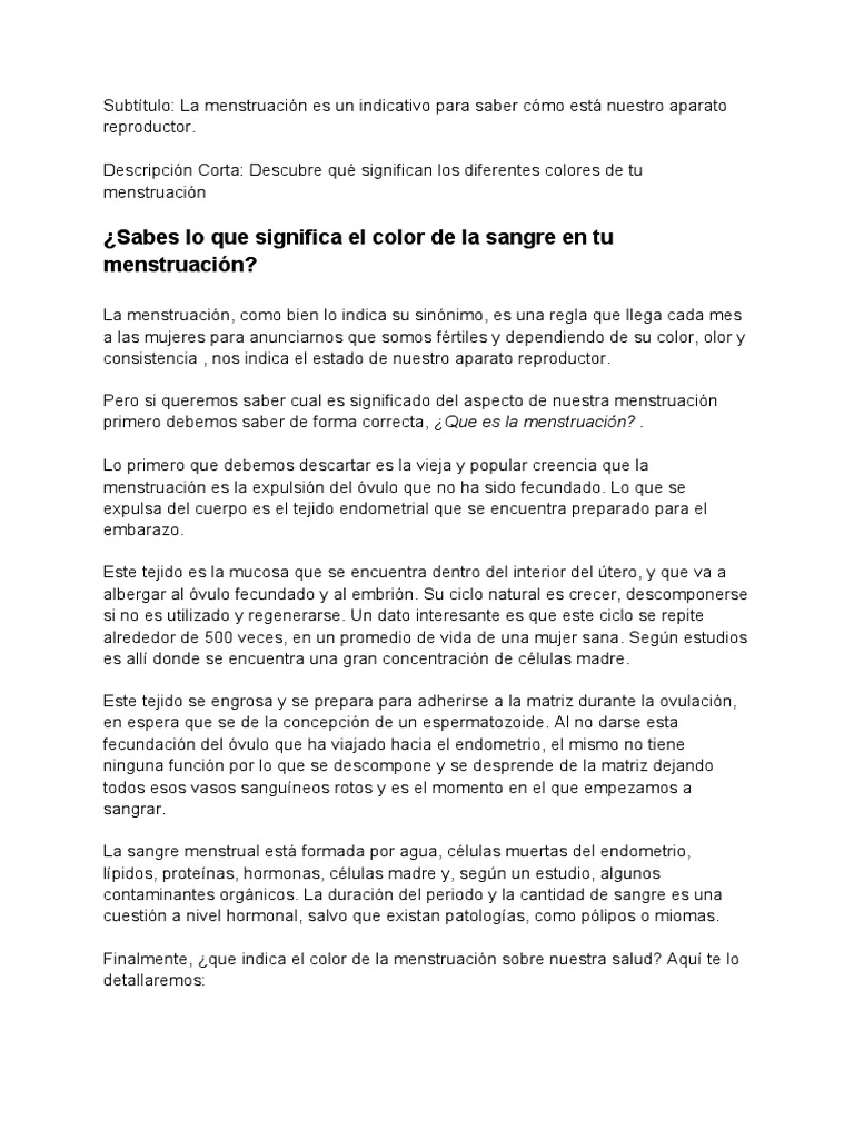 ¿Sabes Lo Que Significa El Color de La Sangre en Tu Menstruación? | PDF ...