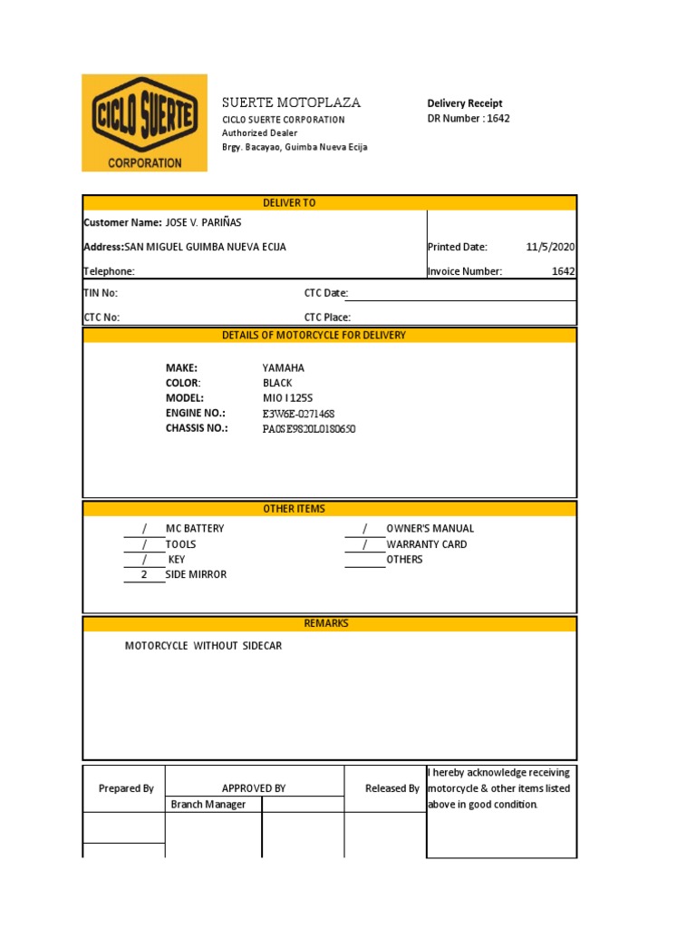 Motorcycle Delivery Receipt - Suerte Motoplaza | PDF