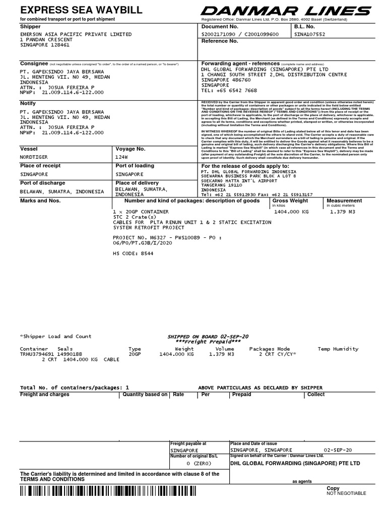 Danmar Lines Express Sea Waybill | PDF | Bill Of Lading | Cargo