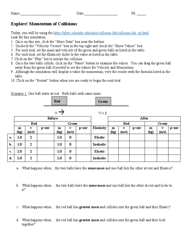 01b - Qualitative Lab - Car Crashes - Conservation of Momentum PHET ...