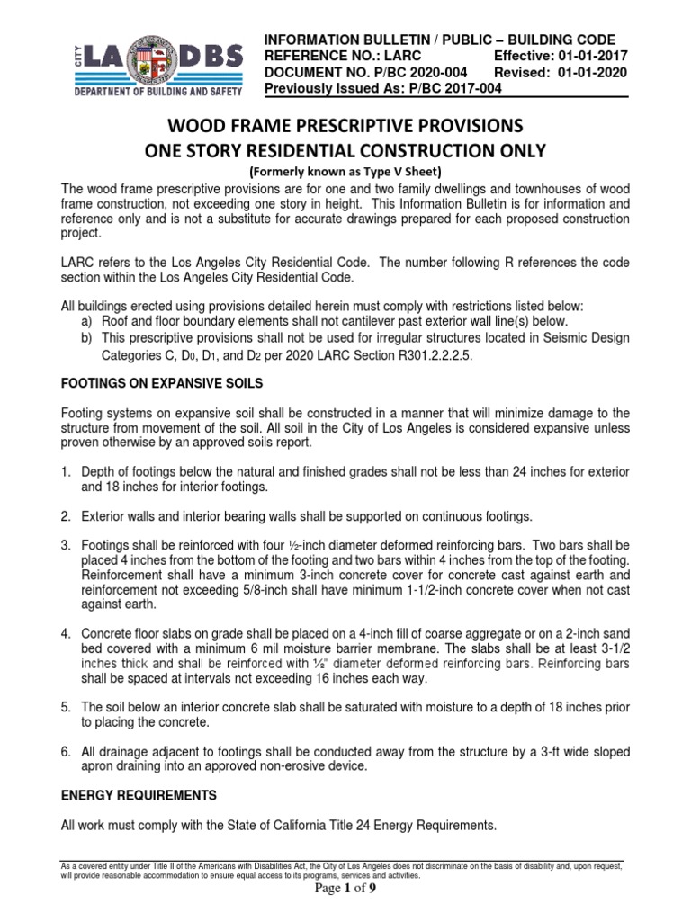 Wood Frame Prescriptive Provisions One Story Residential Construction ...