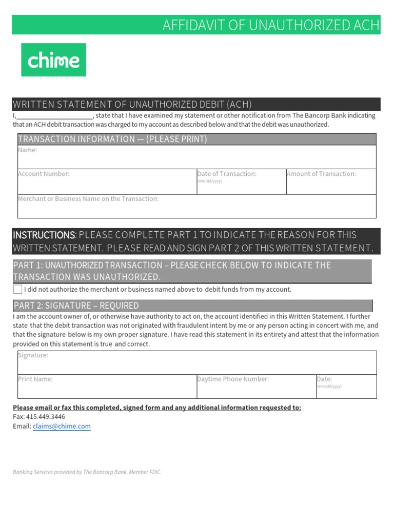Written Statement of Unauthorized Debit (Ach) | PDF | Finance & Money ...