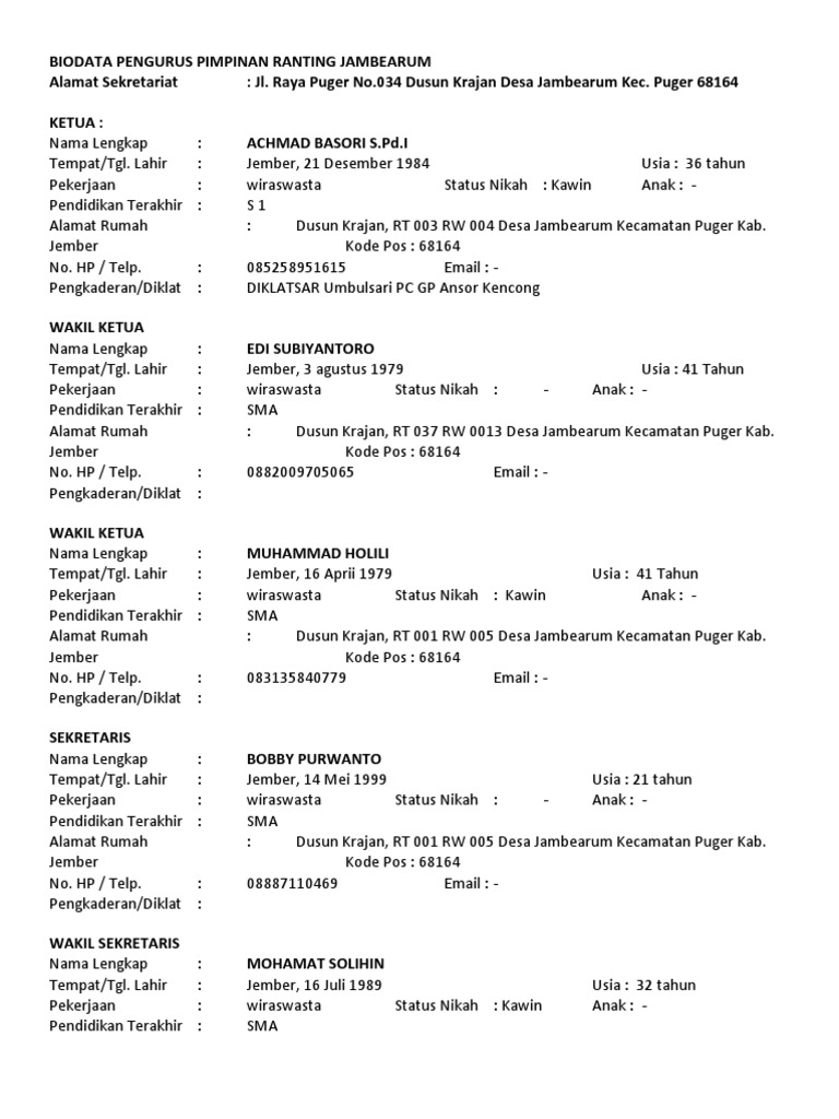 Profil Pengurus Ranting Jambearum | PDF