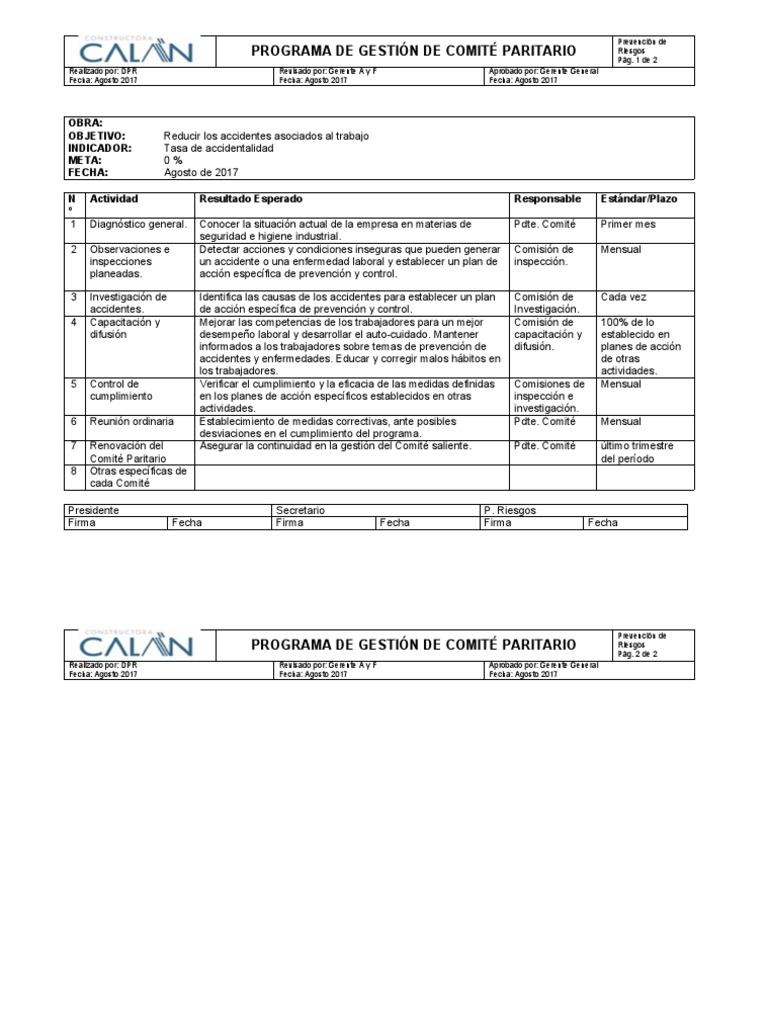 Ejemplo Programa de Gestión de Comité Paritario | PDF | Seguridad y salud ocupacional | Business