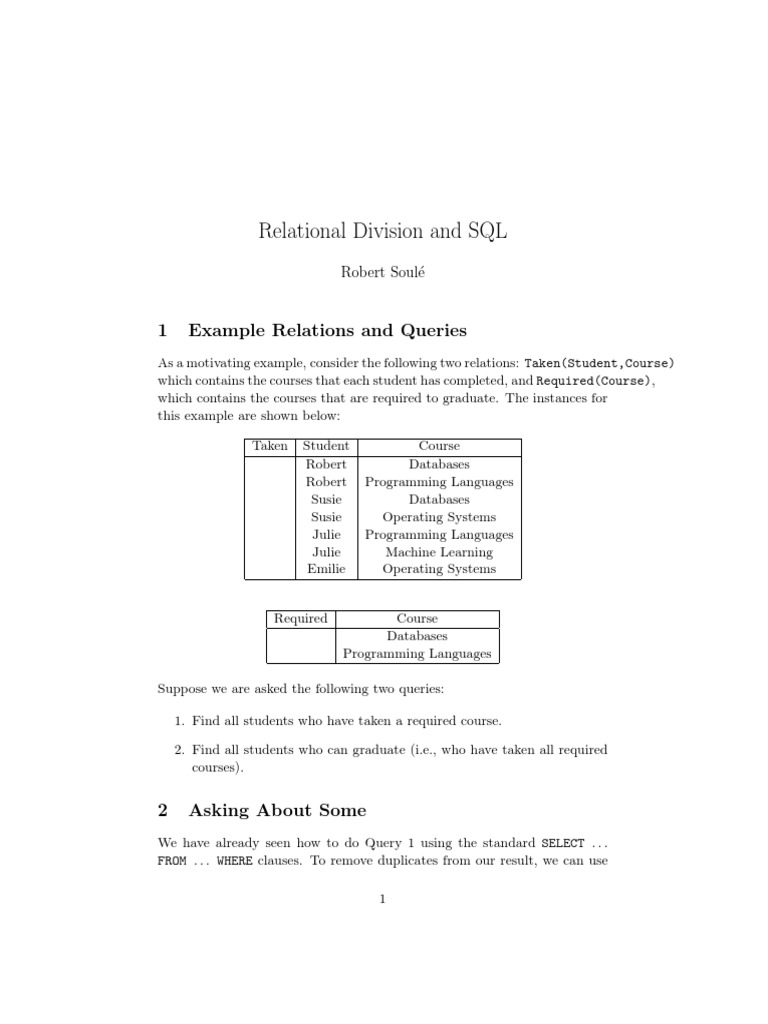 Relational Division And Sql 1 Example Relations And Queries Pdf Relational Model Data 