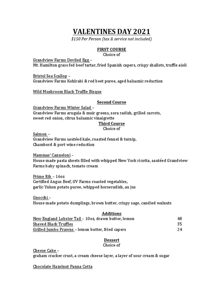 Valentines Day 2021: $150 Per Person (Tax & Service Not Included) | PDF ...
