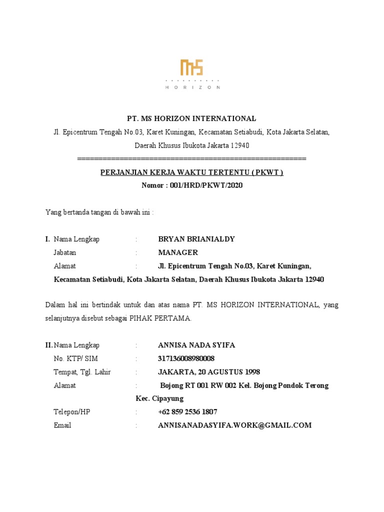 Surat Perjanjian Kerja Waktu Tertentu PKWT MS HORIZON (ANNISA) | PDF