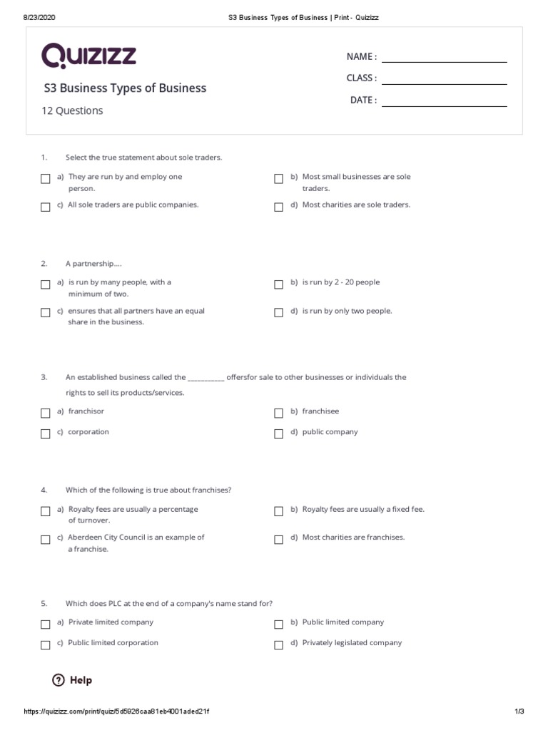 Business Quiz for S3 Students | PDF | Franchising | Limited Company